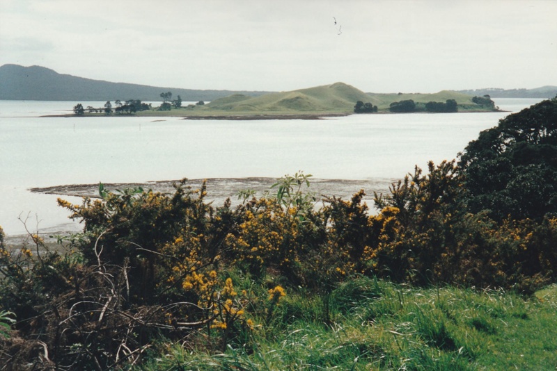 View of Browns Island (Motukorea) from Musick Point. Rangitoto is in ...