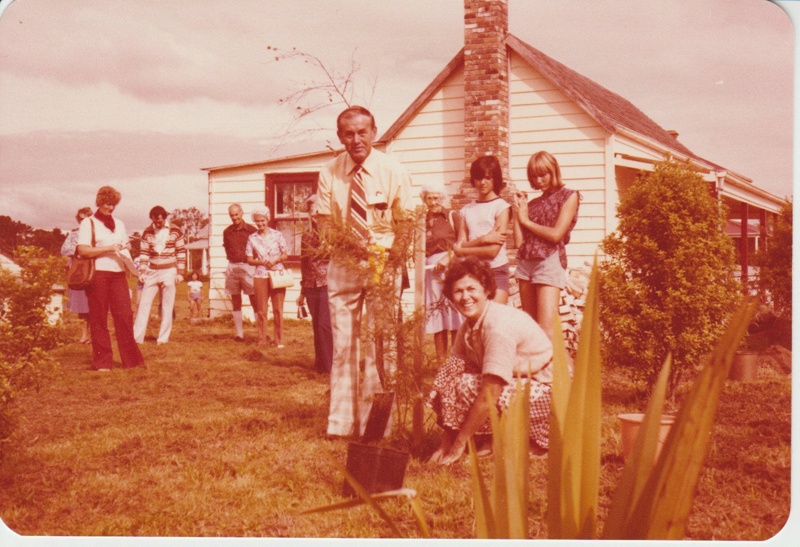 John Litten and Eileen Martensen planting a Kowhai tree; La Roche, Alan ...