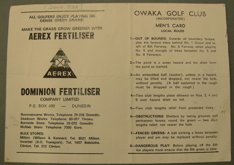 Scorecard; Owaka Golf Club; [?]; 2010.822 | eHive