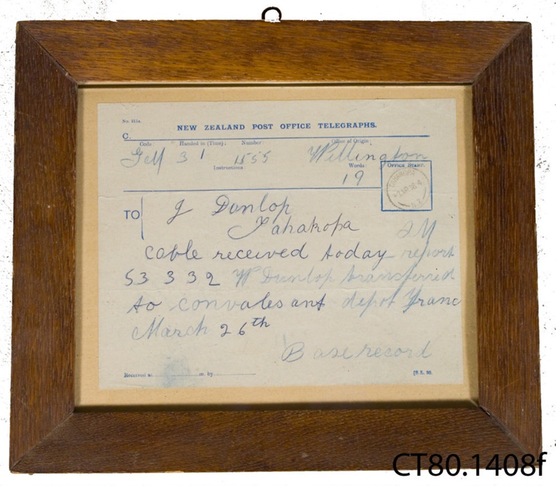 Telegram, Dunlop, World War 1; New Zealand Post Office; 1918; CT80 ...