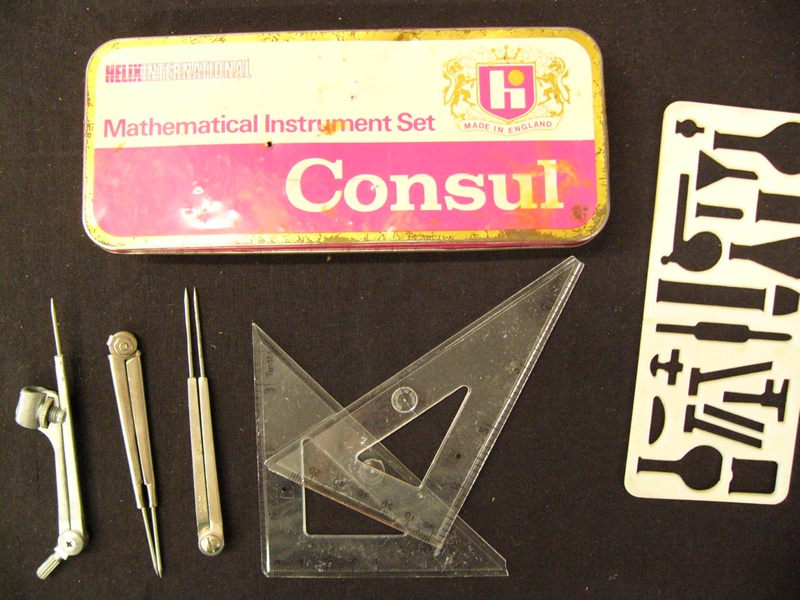 Tin: Mathematical Instrument Set plus stencil (laboratory shaped ...
