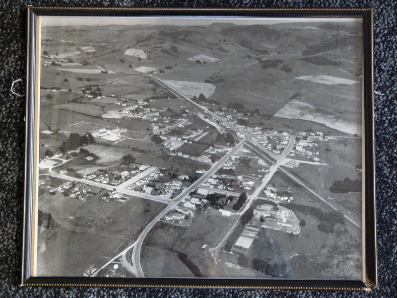 Framed aerial photograph, view of Owaka, 1950s?; c 1950; 0000.1038 | eHive