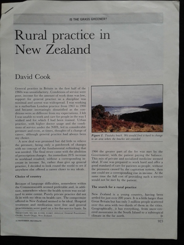 "Rural Practice in New Zealand" article by Dr David Cook, 1984; Cook ...