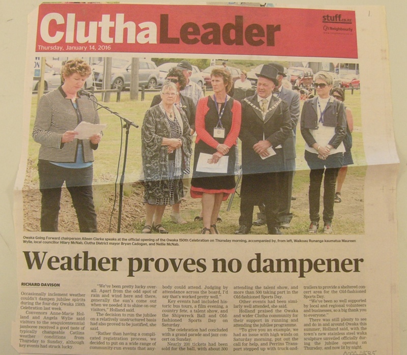 Newspaper clippings: (1) Opening of Owaka 150th Celebrations showing ...