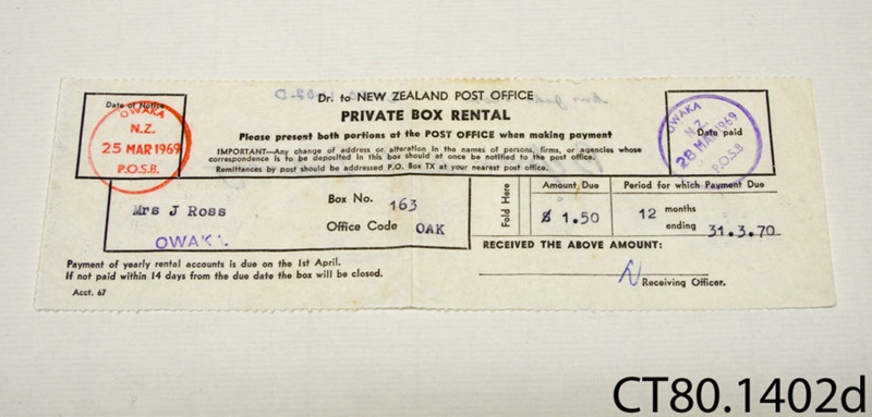 Invoice [Private Box Rental]; New Zealand Post Office; 1969; CT80.1402d ...