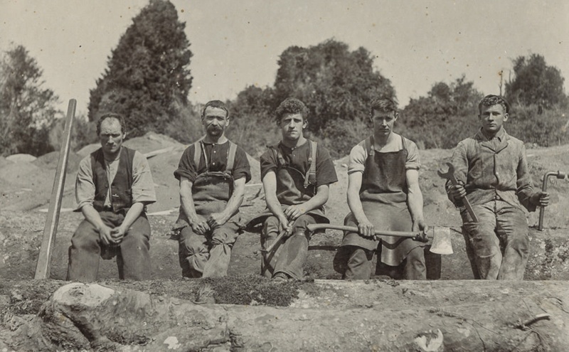 Photograph, Timber Workers sitting on a Log with Tools; Alma Studio ...