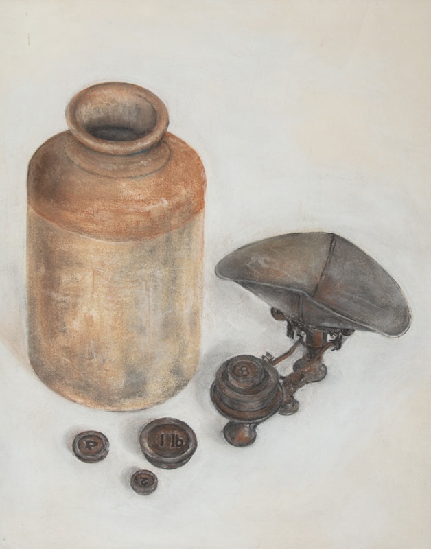 Pastel Drawing, Still Life Pot with Kitchen Scales [In Copyright ...