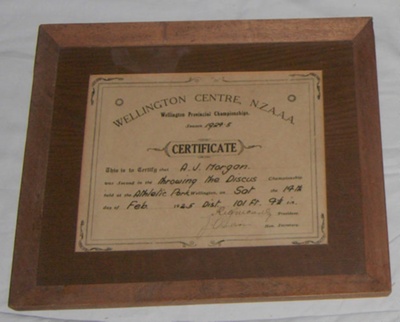 Athletic Certificate (Framed); NZAAA; 1925; 1982-1277-5 | eHive
