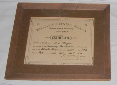 Athletic Certificate (Framed); NZAAA; 1925; 1982-1277-2 | eHive