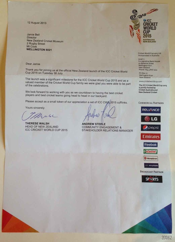 Letter; ICC Cricket World Cup 2015 launch thank you letter; 12 Aug 2013 ...