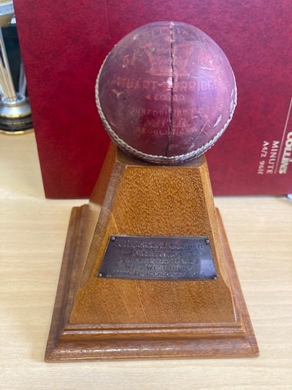Match Ball: Mounted match ball. Bruce Taylor 7-74 vs West Indies 1972 ...