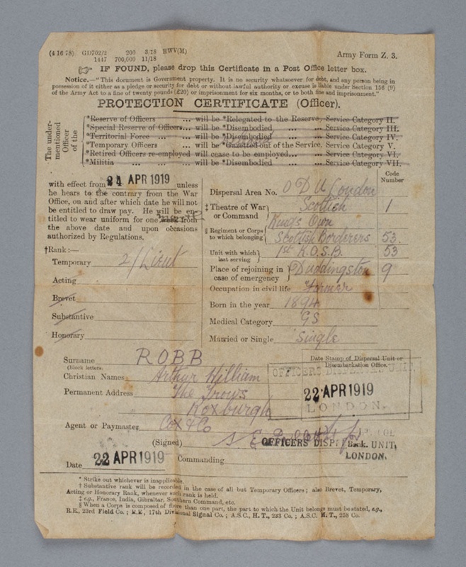 Certificate, Protection Certificate, 2nd Lieut. A. W. Robb (W.W.I ...