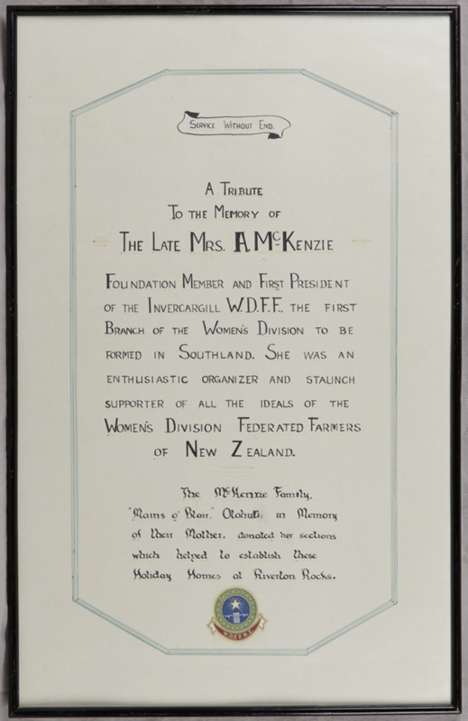 Framed citation, Citation to Mrs A. McKenzie of the WDFFNZ; Women's ...