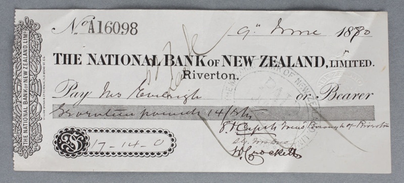 Cheque, National Bank of New Zealand, James Eveleigh; The National Bank ...