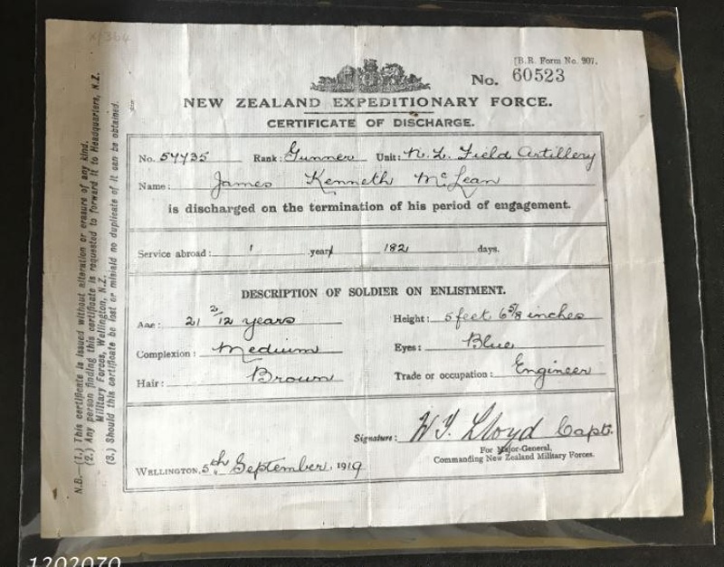 New Zealand Expeditionary Force Certificate of Discharge; Military ...