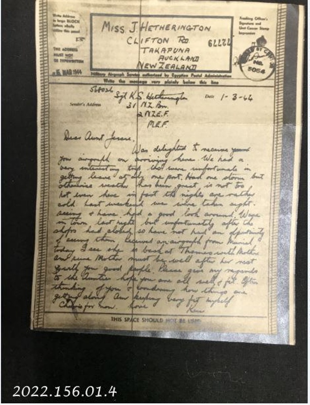 Letter, copy WWII; Kenneth Hetherington; 1944; 2022.156.01.4 | eHive