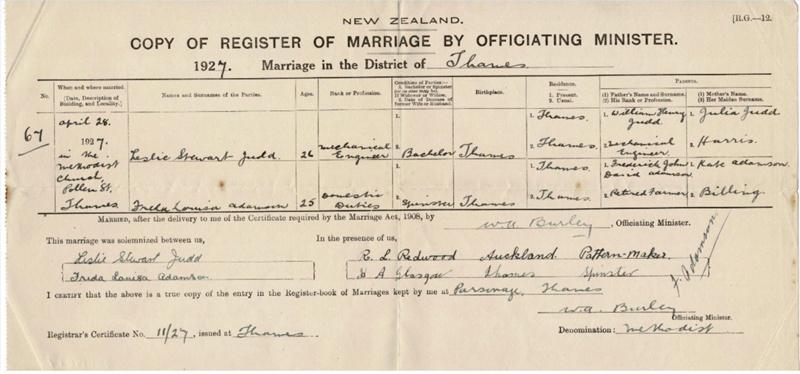 Certificate, marriage Judd / Adamson; New Zealand Registry; 1927; 2023. ...