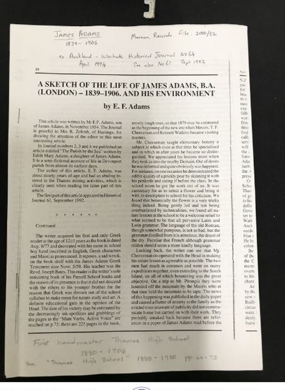Article, The Sketch of the life of James Adams; E F Adams; April 1994 ...
