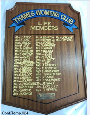 Honours Board, Life Members; Thames Women's Club; Cont.Temp.024 | eHive