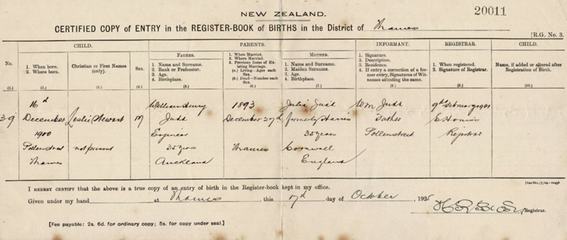 Certificate, birth Judd; New Zealand Registry; 1901; 2023.150.18 | eHive