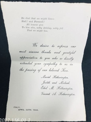 Card, Sympathy; Hetherington Family; 1944; 2022.156.01.2 | eHive