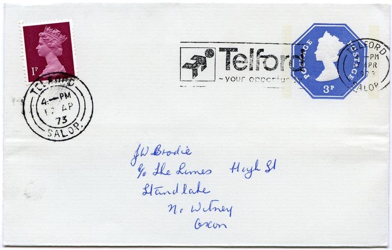 Postage paid envelope with a postage stamp and three postmarks.; 1973 ...