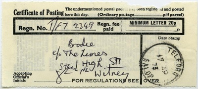 Small white slip of paper, 'Certificate of Posting'.; 1973; 2011.5334. ...