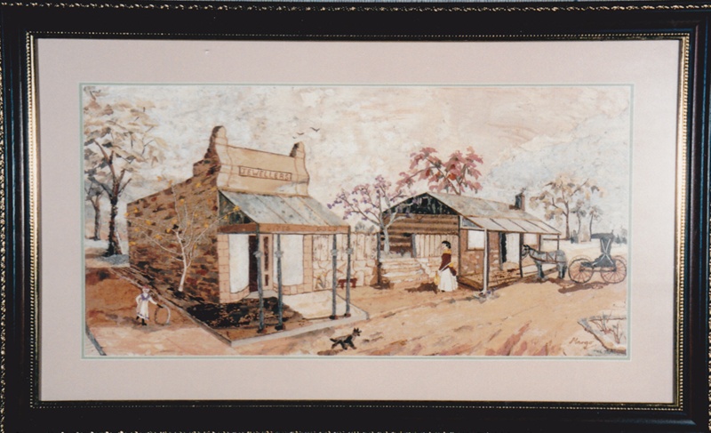 Framed, coloured bark picture of rural town setting.; 1995; 19897 | eHive