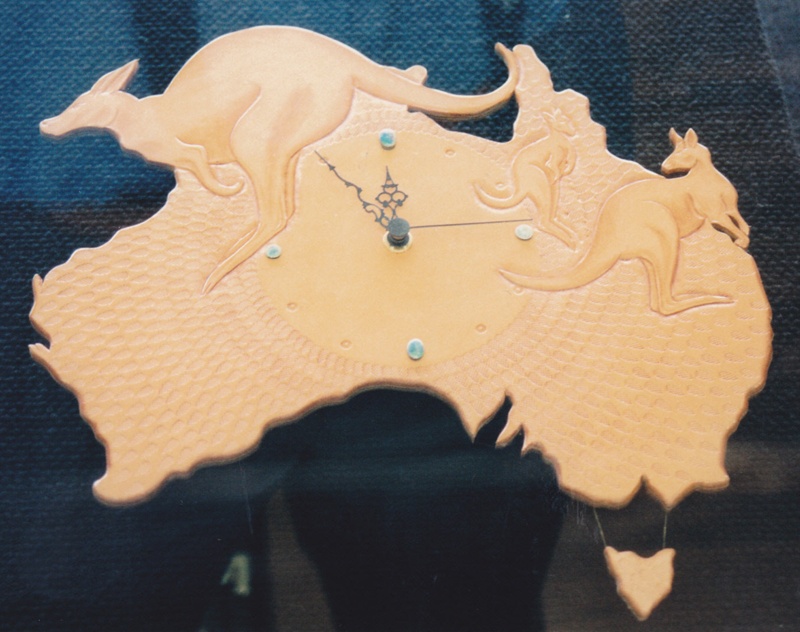 Wooden carved clock with Australia-shaped face. ; 1997; 19940 | eHive