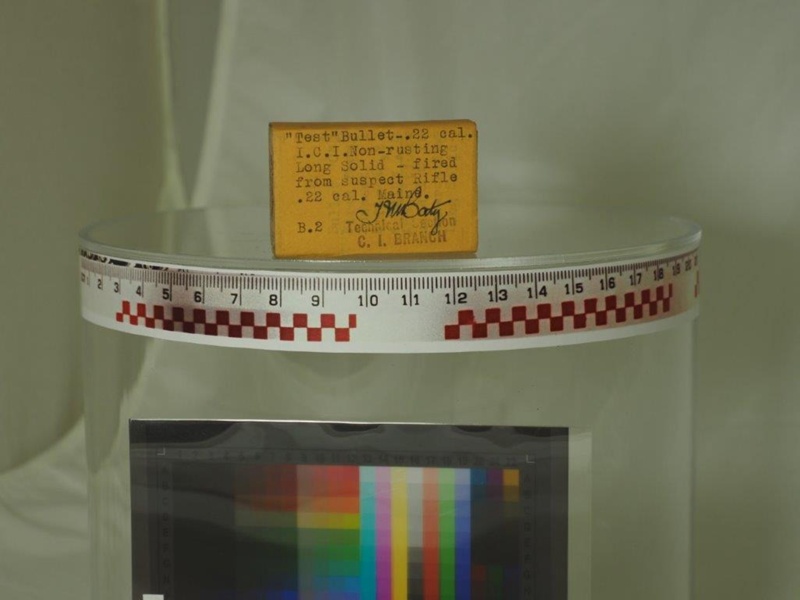 Test bullet of a .22 calibre Maine rifle in evidence box; Queensland ...
