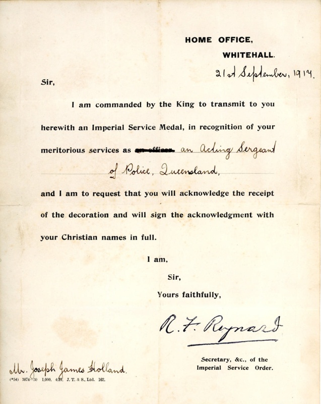 Letter for Imperial Service Order Medal; Secretary of the Imperial ...