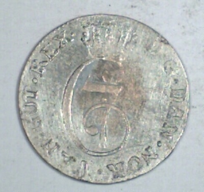 2 shillings, Denmark. Obv: D.G. DAN. NOR.VAN.GOT.REX.; rev: 2 SKILLING ...