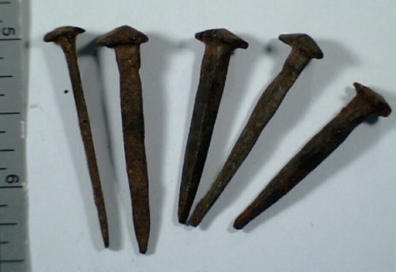 5 nails, rectangular in section, domed head.; 1067-1600; DUWHM:A155 | eHive