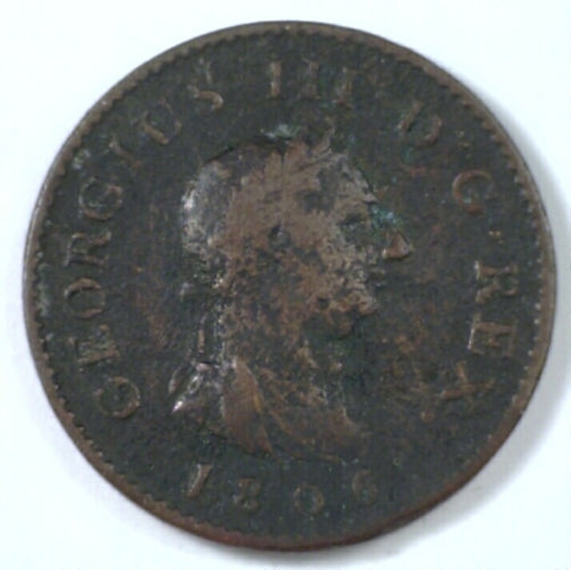 Farthing, George III. Obv: GEORGIUS III D.G. REX; rev: BRITANNIA 1806 ...