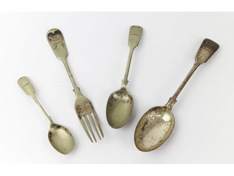 Cygnet - fiddleback table spoon, desert spoon, tea spoon and fork; A ...