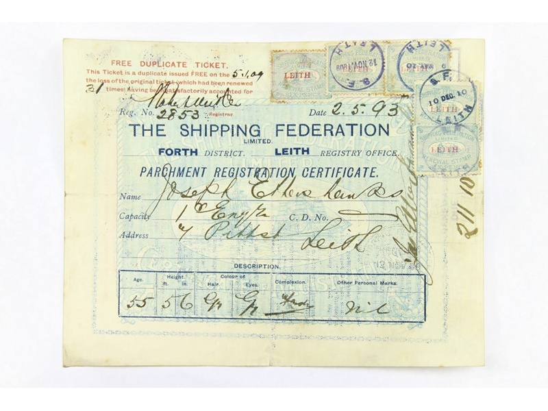 Shipping Federation Parchment Registration Ticket - duplicate issued ...