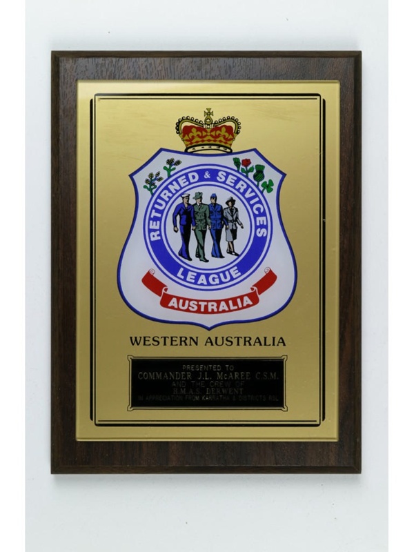 HMAS Derwent - plaque presented by the Karratha & District Returned ...