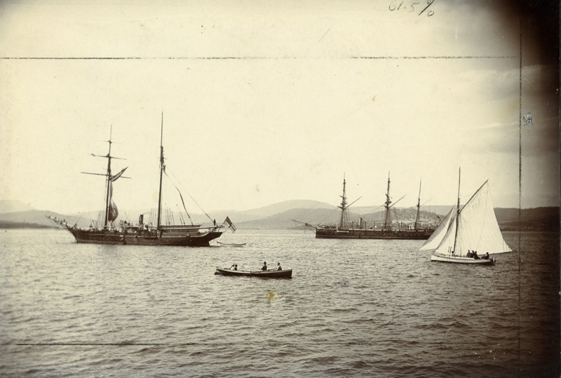HMS DART and HMS PYLADES at anchor in river with yacht SUNBEAM ; P_2024 ...
