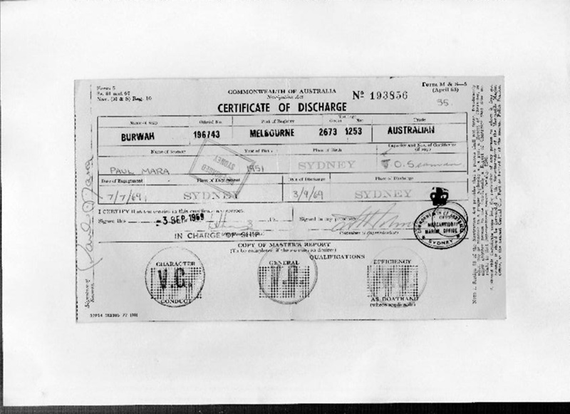 Mara, Paul. Certificates of Discharges - MV Burwah and MV Kootara; D ...