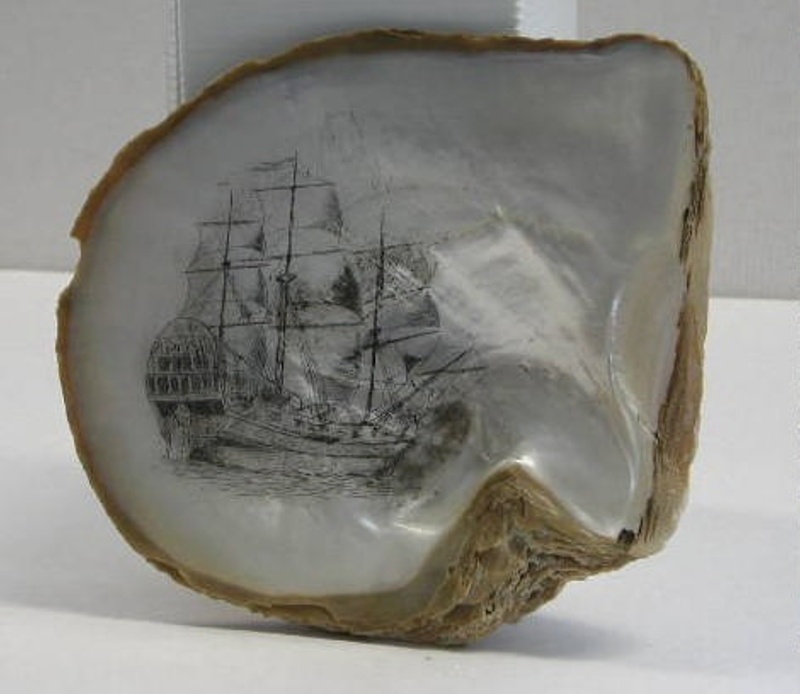 Pearl shell Scrimshaw by Stan (Rusty) Morley; 1992; A_2001-004 | eHive
