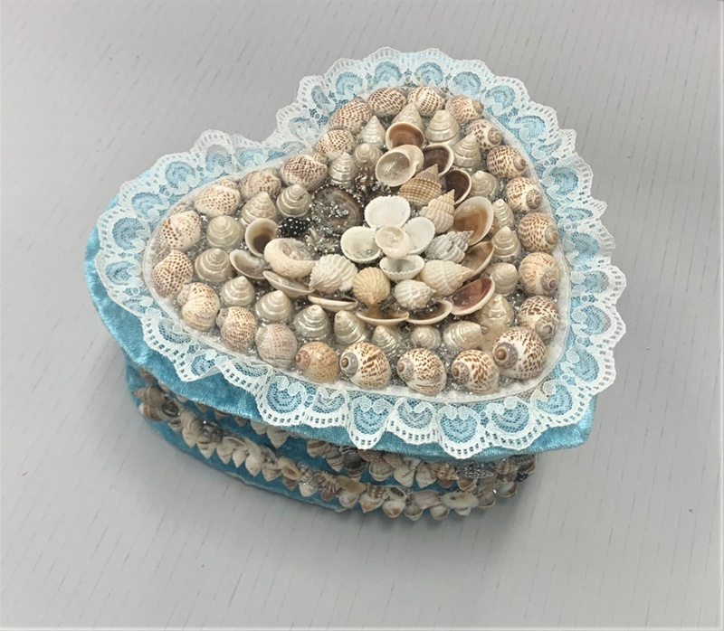 Shellwork trinket box with blue velvet, heart shaped, handmade by Aunty ...