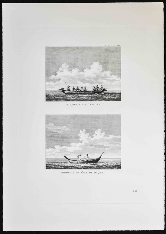 Print, copper plate engraving Above: Pirogue de Tchoka Below:Pirogue de ...