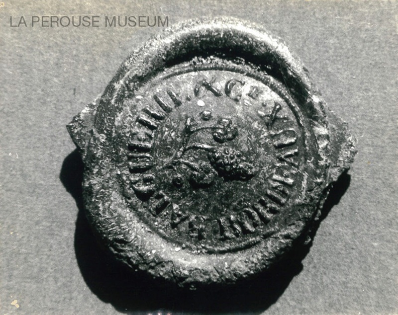 Black and white print photograph of an embossed French vintner's stamp ...