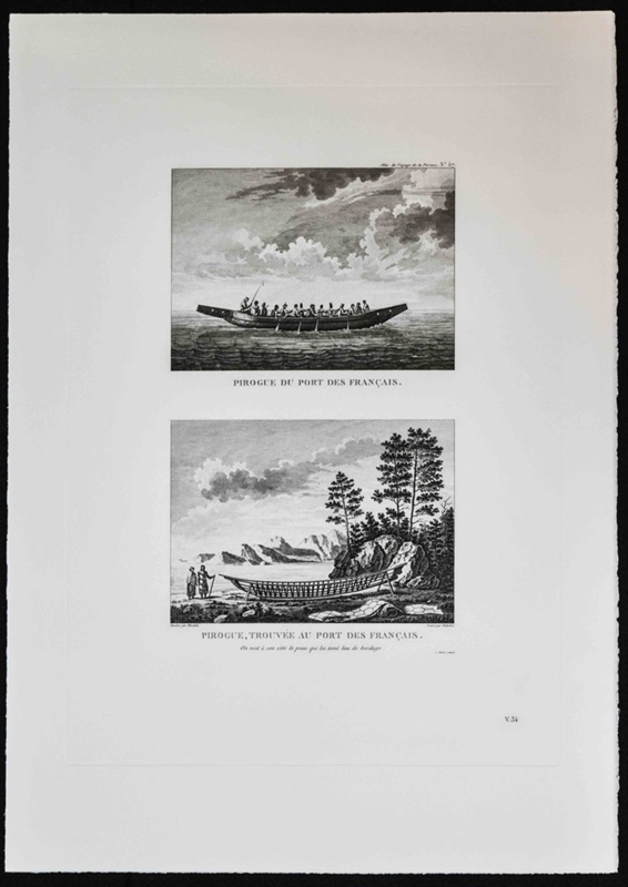 Print, copper plate engraving Above: Pirogue du port des Francais Below ...