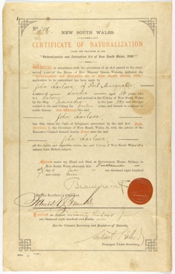 Certificate of Naturalization, John Axelson; 1899; 2010.22 | eHive
