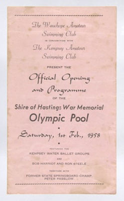 Program, Opening of Shire of Hastings War Memorial Olympic Pool ...