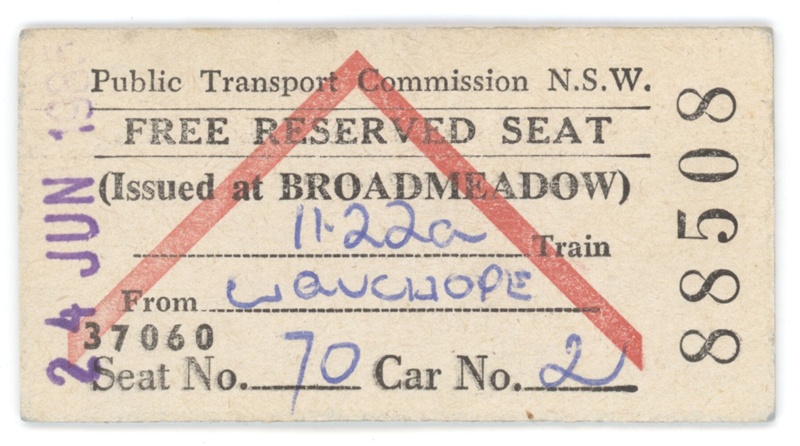 NSW Train Ticket, Free Reserved Seat; 1985; 2010.04t | eHive
