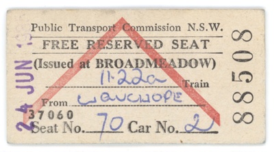 NSW Train Ticket, Free Reserved Seat; 1985; 2010.04t | eHive
