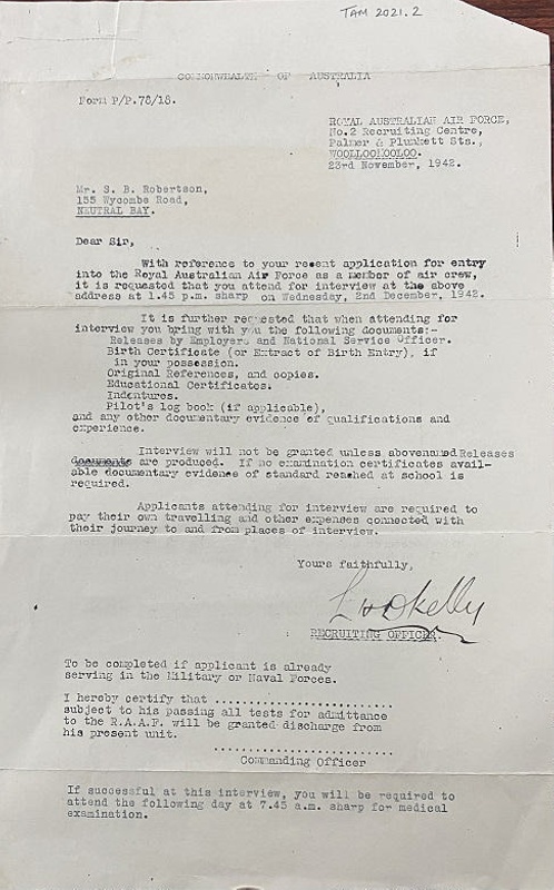 Application for entry into RAAF- request to attend interview - Struan ...