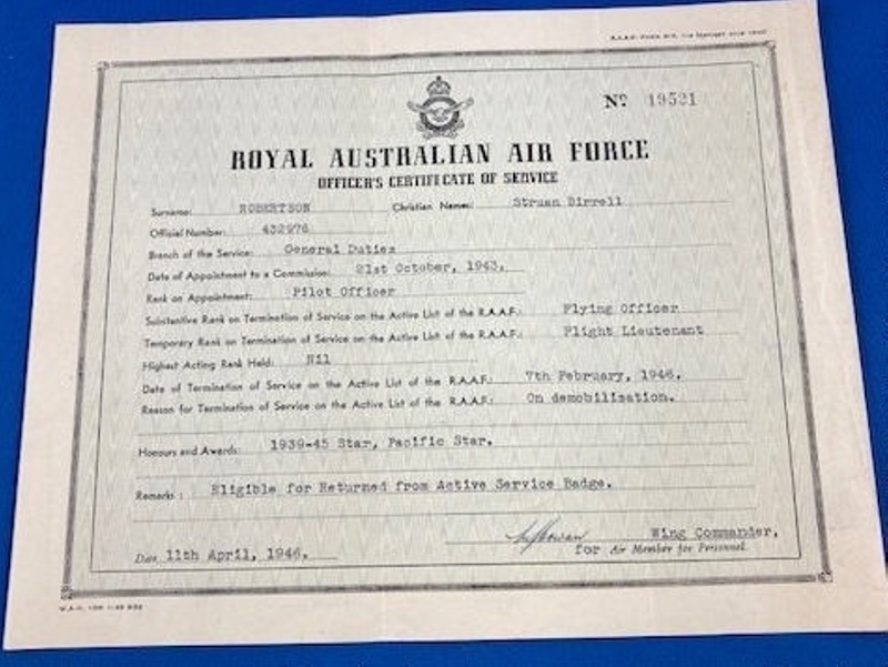 RAAF Officer's Certificate of Service -Struan Birrell Robertson 432976 ...